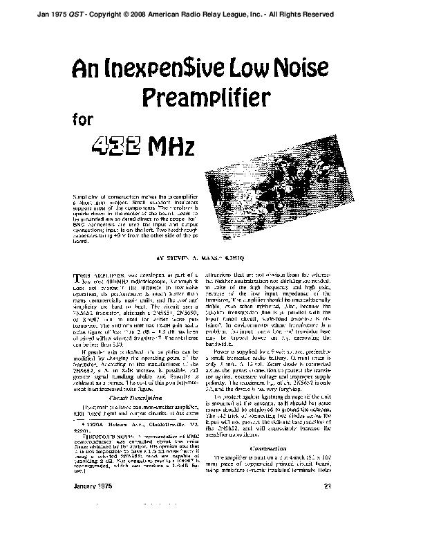 An Inexpensive Low Noise Preamplifier for 432 MHz | Datassette