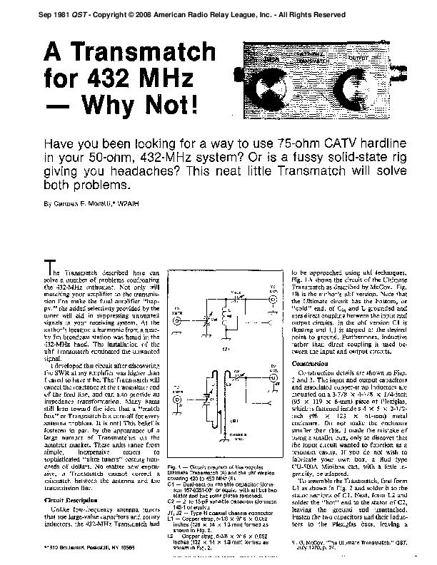Transmatch For 432 MHz--Why Not | Datassette